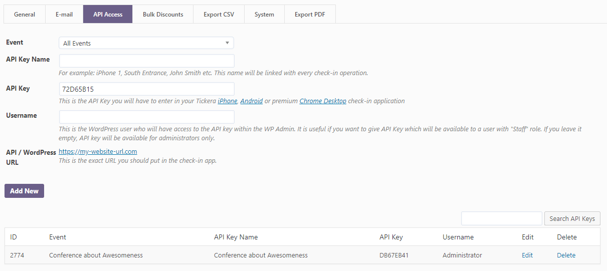 API_keys - WordPress Event Ticketing